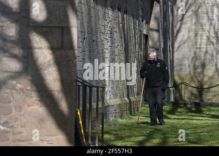 Police officers conduct a search outside the Palace of Holyroodhouse in ...