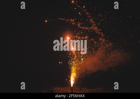 Amazing vibrant pyrotechnic fountain during nighttime Stock Photo - Alamy