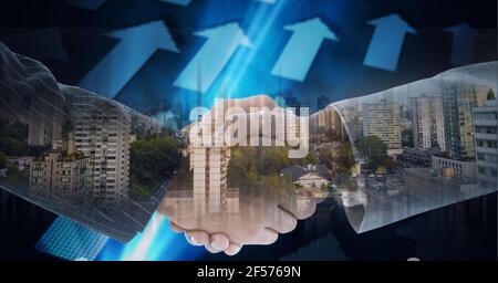 Composition of businessmen shaking hands with blue mesh border Stock ...