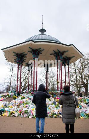 CLAPHAM, LONDON, ENGLAND- 16 March 2021: Flowers and tributes at ...
