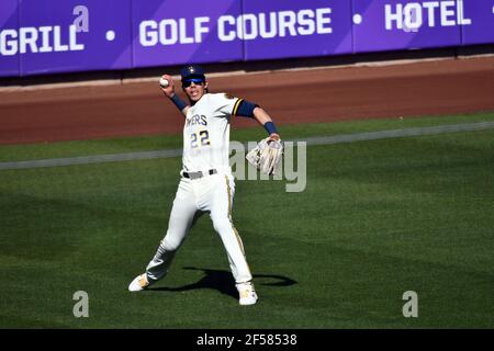 Milwaukee Brewers' Christian Yelich plays the field during a baseball ...