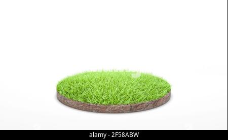 3d rendering. Round soil ground cross section with green grass on white ...