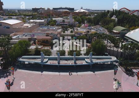 An aerial view of Disney California Adventure and Disneyland Park ...