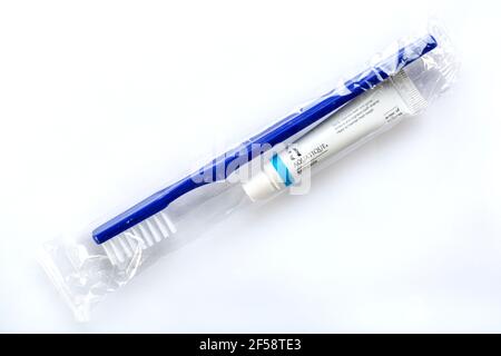 Hotel cosmetics kit isolated on white Stock Photo - Alamy