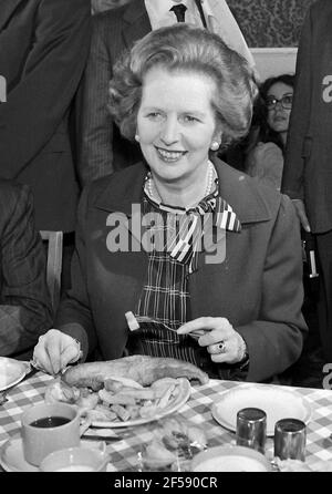 Mrs Thatcher at Harry Ramsden's fish and chip restaurant in May 1983 ...