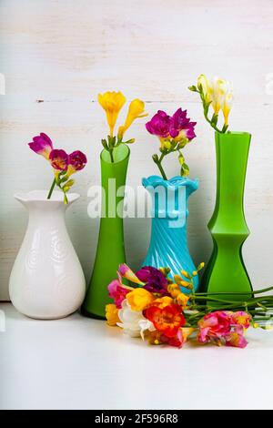 Beautiful flowers. Freesias in multi-colored vases on a white wooden ...