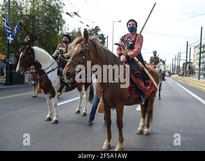 Female cavalry fighter wearing traditional costume of the Greek ...