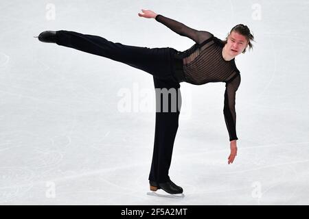 STOCKHOLM 20210325 Deniss Vasiljevs of Latvia during the men's short ...