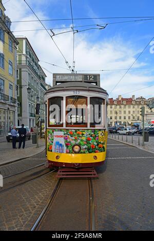 Antique Tram Route 12 at Praca da Figueira (Square of the Fig Tree) in ...