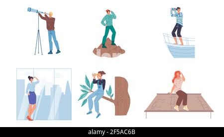 Flat cartoon characters look into distance vector illustration concept ...