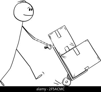 Man Pushing Hand Truck, Concept of Delivery, Logistic or Moving. Vector ...