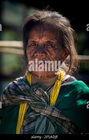 Senior woman with traditional facial tattoo, Mindat, Myanmar Stock ...