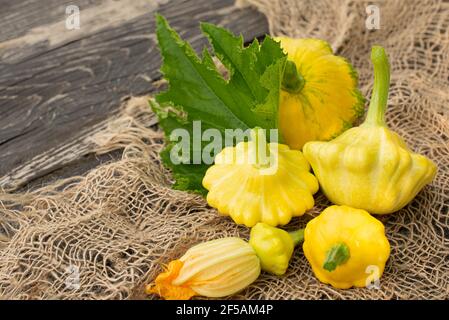 Patisson, Squash, dish-shaped pumpkin, raw vegetable on a dark wooden ...