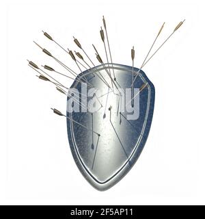 metal shield with stuck arrows. isolated on white. 3d render Stock ...
