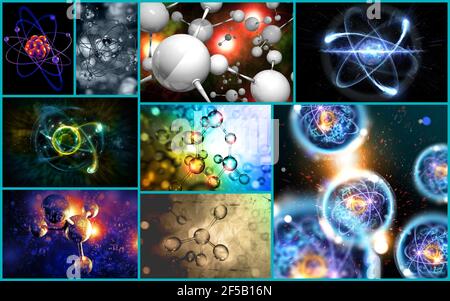 Close up 3D illustrations of a variety of atomic particles as science ...