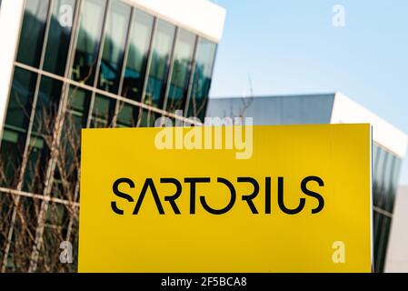 25 March 2021, Lower Saxony, Göttingen: The Sartorius logo can be seen ...