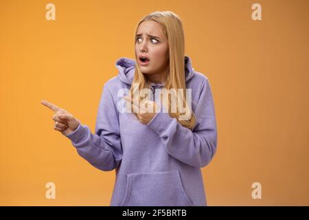 Concerned freak-out panicking funny blond girl gasping pop eyes drop ...
