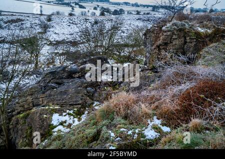 Snow and ice covering the remains of Ricklow Quarry at the head of ...