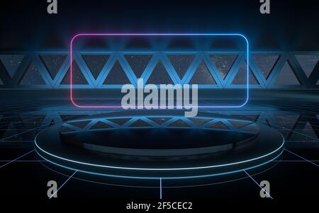 Dark outer space room with neon lights, 3d rendering. Computer digital ...