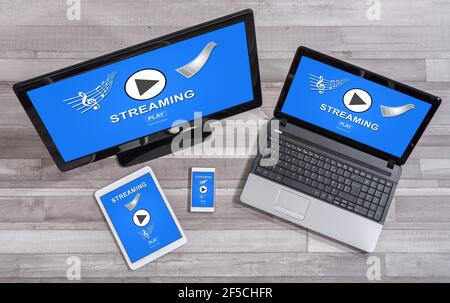 Streaming concept shown on different information technology devices ...