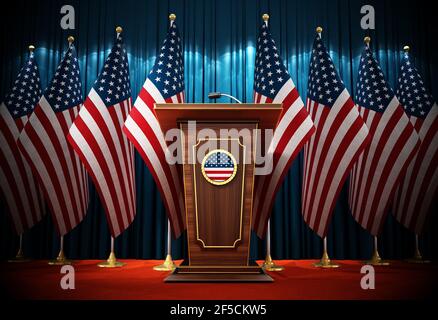 Press conference with flags of United States of America USA and lectern ...