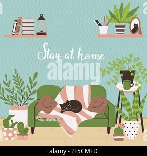 Vector interior cartoon style cozy living room with wooden floor and ...