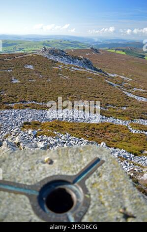 The Stiperstones, Shropshire, England. Trig point on Manstone rock ...