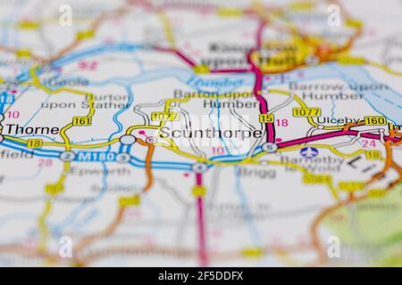 Scunthorpe and surrounding areas shown on a road map or geography map ...