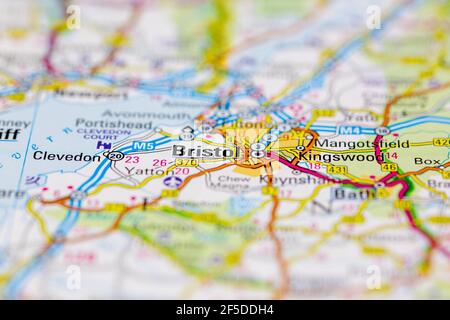 Bristol and surrounding areas shown on a road map or geography map ...