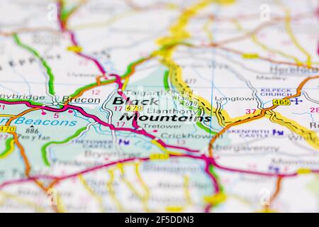 The Black mountains and surrounding areas shown on a road map or ...