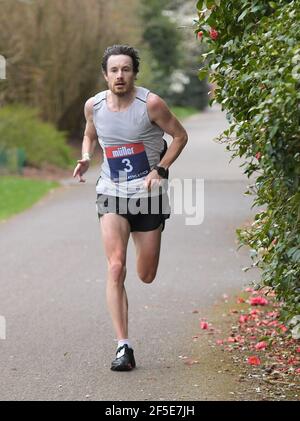 Kew, UK. 26th Mar, 2021. Men's marathon winner Christopher Thompson ...
