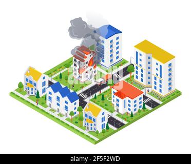 Illustration of a city building on fire with smoke billowing and flames ...