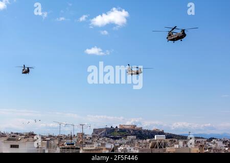 Boeing CH-47 Chinook helicopters flying in formation above Athens ...
