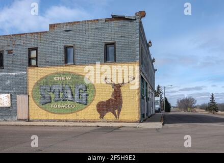 Botha, Alberta, Canada – March 25, 2021: Exterior view of the abandoned ...