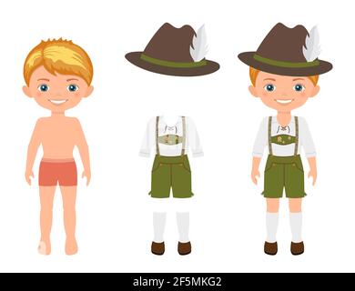 Cute boy character in German national costume isolated on white background. Cartoon flat style ...