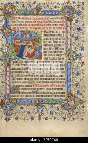Manuscript illustration of King David in prayer within an illuminated ...