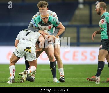 Catalans Dragons' Mathieu Laguerre is tackled during the Betfred Super ...