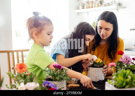 Mother teaches kids to take care of flowers and plants Stock Photo - Alamy