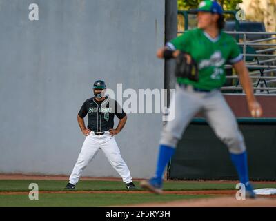 Stetson head coach Steve Trimper (4) watches during an NCAA baseball ...
