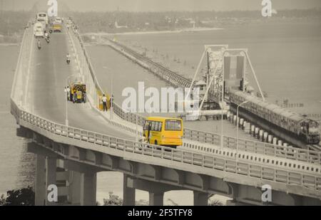 RAMESHWARAM Tamil Nadu, India - A train pass through the Pamban bridge ...