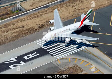 Emirates Airline Airbus A380 aircraft landing, seen from above ...