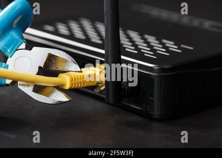 Cutting and disconnecting the network Internet connection with cutting ...