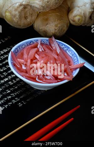 Pickled ginger in small bowls and ginger slices, ginger root, Germany ...