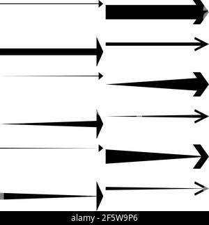 Set of thin oblong arrows, black on white background. Long, triangle ...