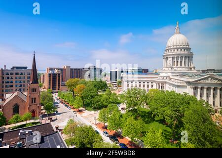 An aerial view of Madison, Wisconsin, the State Capitol, and the ...