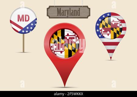 Maryland badge. Map of the US state with beautiful geometric waves and ...