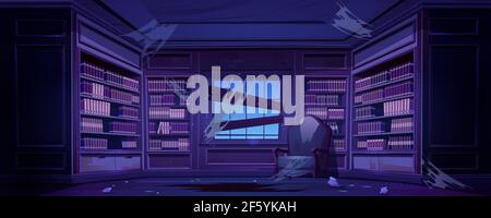 Old dirty library with bookcases, chair and trash at night. Vector ...