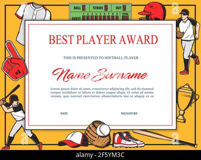 Best player award diploma vector template, baseball tournament winner ...