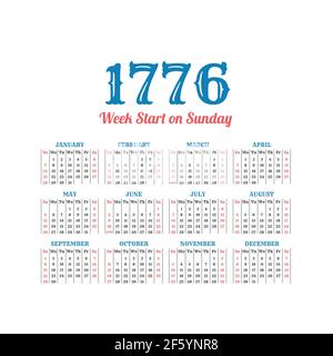 Historic vector calendar of 1776. Start on Monday Stock Vector Image ...