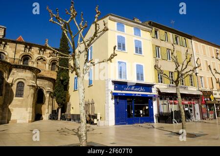France, Drome, Valence, place des Clercs, market, cathedral Saint ...